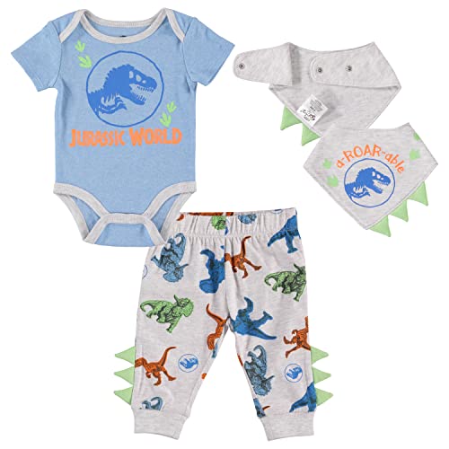 Jurassic World Welcome to the Universe Baby Baby Clothes 3-Piece Set with Baby Bodysuit, Pants, and Bib - Baby Outfits (6-9M), Blue/Grey/Green (AJWB114ST)