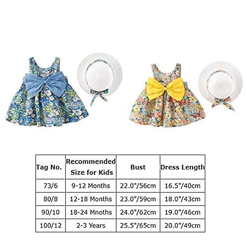 Baby Girl Spring Summer Dress Floral Print Bowknot Birthday Pretty Party Wedding Dresses Toddler Kids Flower Dress with Straw Skirt Set Hat Hawaiian Beach Boho Sundress Blue-chrysanthemum 18-24 Months