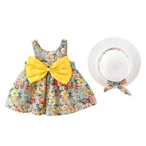 baby girl spring summer dress floral print bowknot birthday pretty party wedding dresses toddler kids flower dress with straw skirt set hat hawaiian beach boho sundress blue-chrysanthemum 18-24 months