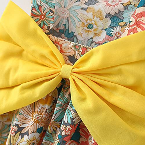 Baby Girl Spring Summer Dress Floral Print Bowknot Birthday Pretty Party Wedding Dresses Toddler Kids Flower Dress with Straw Skirt Set Hat Hawaiian Beach Boho Sundress Blue-chrysanthemum 18-24 Months