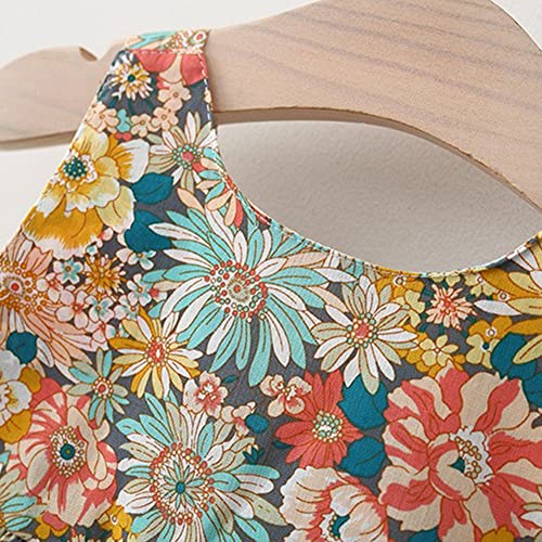 Baby Girl Spring Summer Dress Floral Print Bowknot Birthday Pretty Party Wedding Dresses Toddler Kids Flower Dress with Straw Skirt Set Hat Hawaiian Beach Boho Sundress Blue-chrysanthemum 18-24 Months