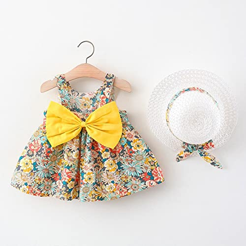 Baby Girl Spring Summer Dress Floral Print Bowknot Birthday Pretty Party Wedding Dresses Toddler Kids Flower Dress with Straw Skirt Set Hat Hawaiian Beach Boho Sundress Blue-chrysanthemum 18-24 Months