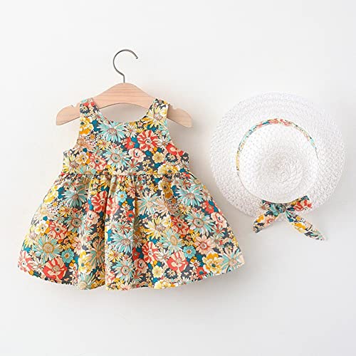 Baby Girl Spring Summer Dress Floral Print Bowknot Birthday Pretty Party Wedding Dresses Toddler Kids Flower Dress with Straw Skirt Set Hat Hawaiian Beach Boho Sundress Blue-chrysanthemum 18-24 Months