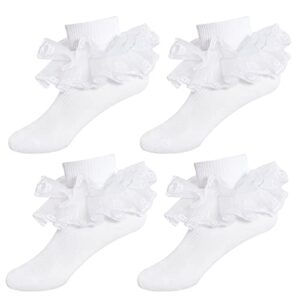 4 Pairs Toddler Girls Big Ruffle Lace Socks White Cotton Soft Cute Frilly Princess Dress Ankle Socks Little Kids 6-8Years