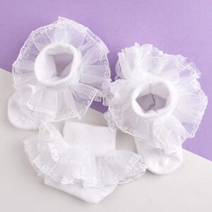 4 Pairs Toddler Girls Big Ruffle Lace Socks White Cotton Soft Cute Frilly Princess Dress Ankle Socks Little Kids 6-8Years