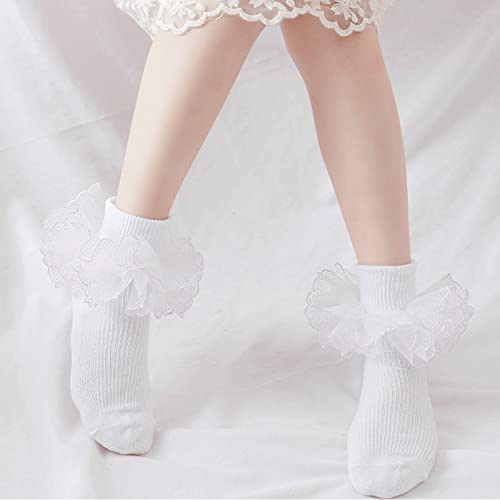 4 Pairs Toddler Girls Big Ruffle Lace Socks White Cotton Soft Cute Frilly Princess Dress Ankle Socks Little Kids 6-8Years