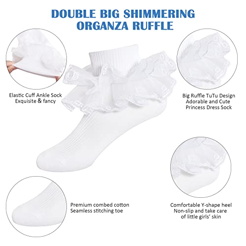 4 Pairs Toddler Girls Big Ruffle Lace Socks White Cotton Soft Cute Frilly Princess Dress Ankle Socks Little Kids 6-8Years