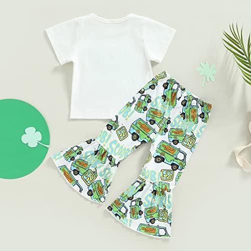 Kids Baby Girls St. Patricks Day Outfits Car Letter Print Short Sleeve T-Shirt Tops and Bell Bottom Pants Toddler Summer Sets (White, 9-12 Months)