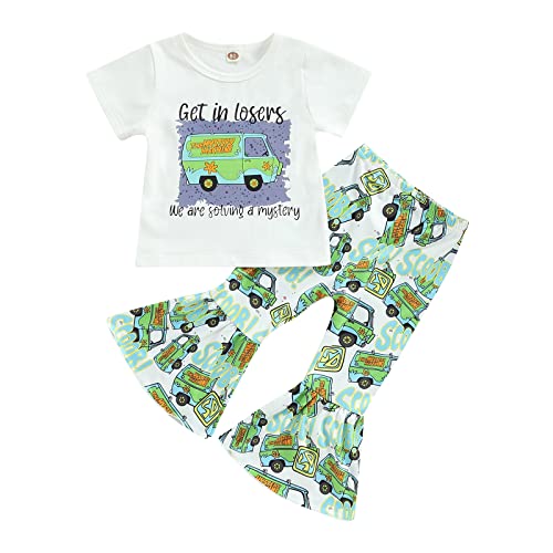 Kids Baby Girls St. Patricks Day Outfits Car Letter Print Short Sleeve T-Shirt Tops and Bell Bottom Pants Toddler Summer Sets (White, 9-12 Months)