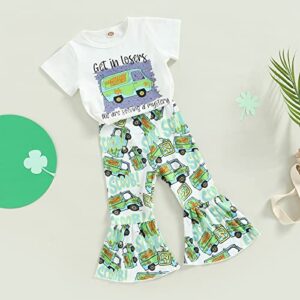 Kids Baby Girls St. Patricks Day Outfits Car Letter Print Short Sleeve T-Shirt Tops and Bell Bottom Pants Toddler Summer Sets (White, 9-12 Months)