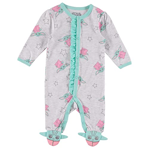 STAR WARS Baby Yoda Baby Girls Footie Pajamas - Newborn Sleeper - Baby Pajamas One Piece (Grey/Green/Pink, 0-3M)