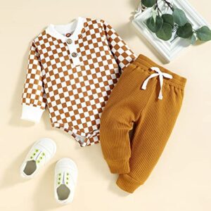 Aweyoo Baby Boy Winter Outfits 2 Piece Neutral Baby Clothes Long Sleeve Romper Checkerboard Bodysuit Top Pants Thanksgiving Baby Outfit