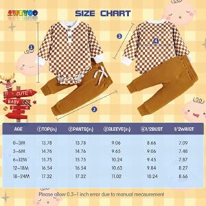 Aweyoo Baby Boy Winter Outfits 2 Piece Neutral Baby Clothes Long Sleeve Romper Checkerboard Bodysuit Top Pants Thanksgiving Baby Outfit