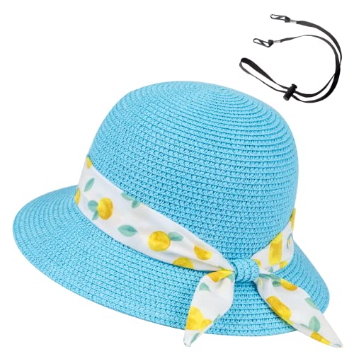 Girls Sun Straw Hat Kids Summer Beach Packable Hats Sky Blue Cute Floppy Wide Brim UV Protection Cap Adjustable Size with Chin Strap for Toddler Baby Childrens Little Girl Ages 5 6 7 8 9 10 Years