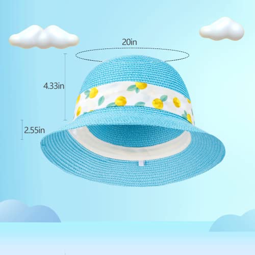 Girls Sun Straw Hat Kids Summer Beach Packable Hats Sky Blue Cute Floppy Wide Brim UV Protection Cap Adjustable Size with Chin Strap for Toddler Baby Childrens Little Girl Ages 5 6 7 8 9 10 Years