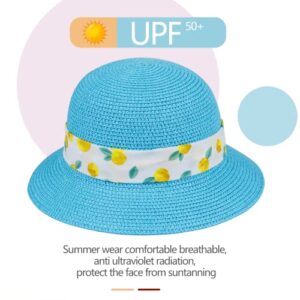 Girls Sun Straw Hat Kids Summer Beach Packable Hats Sky Blue Cute Floppy Wide Brim UV Protection Cap Adjustable Size with Chin Strap for Toddler Baby Childrens Little Girl Ages 5 6 7 8 9 10 Years