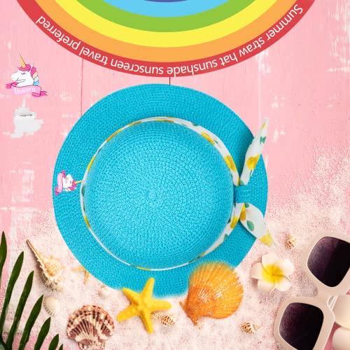 Girls Sun Straw Hat Kids Summer Beach Packable Hats Sky Blue Cute Floppy Wide Brim UV Protection Cap Adjustable Size with Chin Strap for Toddler Baby Childrens Little Girl Ages 5 6 7 8 9 10 Years