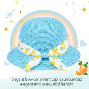 Girls Sun Straw Hat Kids Summer Beach Packable Hats Sky Blue Cute Floppy Wide Brim UV Protection Cap Adjustable Size with Chin Strap for Toddler Baby Childrens Little Girl Ages 5 6 7 8 9 10 Years