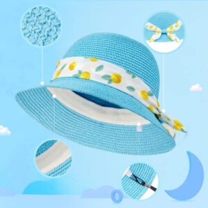 Girls Sun Straw Hat Kids Summer Beach Packable Hats Sky Blue Cute Floppy Wide Brim UV Protection Cap Adjustable Size with Chin Strap for Toddler Baby Childrens Little Girl Ages 5 6 7 8 9 10 Years