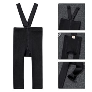 Newborn Baby Leggings Girls Boys Tights Pants with Suspenders Braces Infant Toddler Boho Clothes Fall Outfit Sweater Ribbed Knit High Waist Bottoms Autumn Winter Birthday Black 12-18 Months