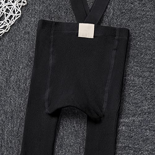 Newborn Baby Leggings Girls Boys Tights Pants with Suspenders Braces Infant Toddler Boho Clothes Fall Outfit Sweater Ribbed Knit High Waist Bottoms Autumn Winter Birthday Black 12-18 Months