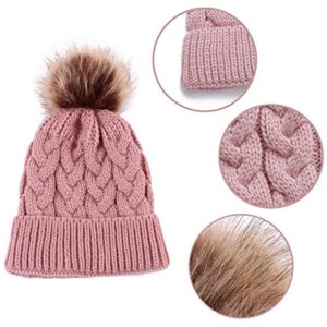 Parent-Child Beanie Hat, Mother and Baby Daughter/Son Winter Knitted Warm Hat, Winter Warm Double Pom Crochet Cap (2pcs-Pink)