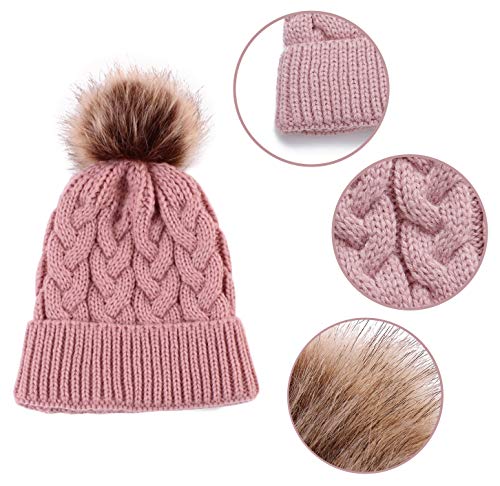 Parent-Child Beanie Hat, Mother and Baby Daughter/Son Winter Knitted Warm Hat, Winter Warm Double Pom Crochet Cap (2pcs-Pink)