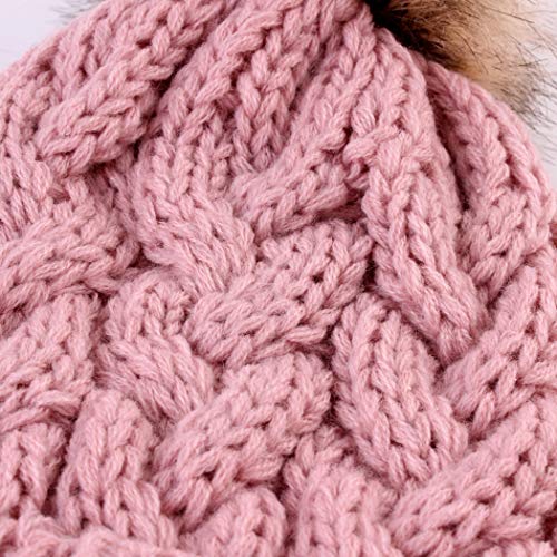 Parent-Child Beanie Hat, Mother and Baby Daughter/Son Winter Knitted Warm Hat, Winter Warm Double Pom Crochet Cap (2pcs-Pink)