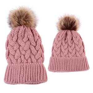 Parent-Child Beanie Hat, Mother and Baby Daughter/Son Winter Knitted Warm Hat, Winter Warm Double Pom Crochet Cap (2pcs-Pink)