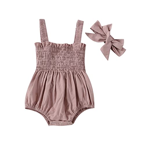 Infant Baby Girls Floral Cotton Strappy Halter Romper Bodysuit and Headband Ruffled Jumpsuit Sunsuit Baby Girl Summer Clothes (Solid Pink, 0-3M)