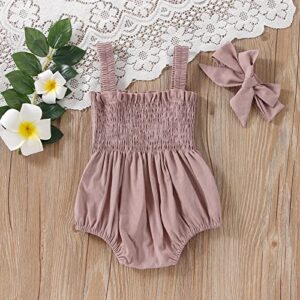 Infant Baby Girls Floral Cotton Strappy Halter Romper Bodysuit and Headband Ruffled Jumpsuit Sunsuit Baby Girl Summer Clothes (Solid Pink, 0-3M)