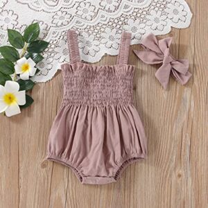 Infant Baby Girls Floral Cotton Strappy Halter Romper Bodysuit and Headband Ruffled Jumpsuit Sunsuit Baby Girl Summer Clothes (Solid Pink, 0-3M)