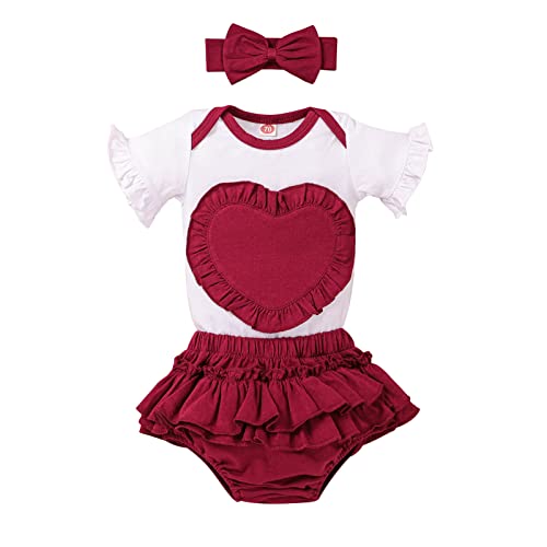 Tepuce Baby Girl Clothes 0-3 Months Infant Summer Outfit Ruffle Romper Love Heart + Ruffle Shorts + Headband, Red Heart Set