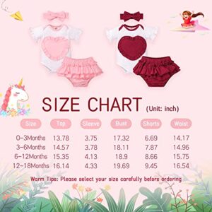 Tepuce Baby Girl Clothes 0-3 Months Infant Summer Outfit Ruffle Romper Love Heart + Ruffle Shorts + Headband, Red Heart Set