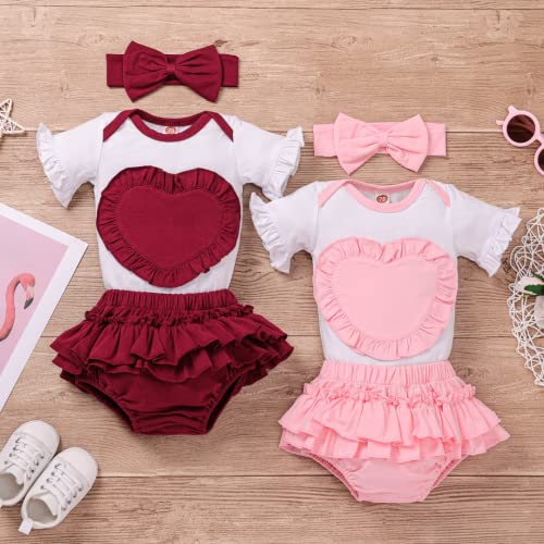 Tepuce Baby Girl Clothes 0-3 Months Infant Summer Outfit Ruffle Romper Love Heart + Ruffle Shorts + Headband, Red Heart Set