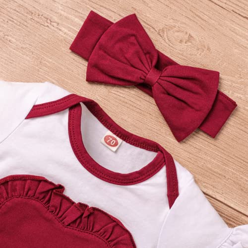 Tepuce Baby Girl Clothes 0-3 Months Infant Summer Outfit Ruffle Romper Love Heart + Ruffle Shorts + Headband, Red Heart Set