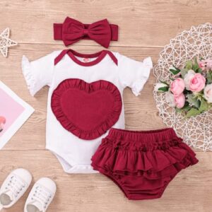 Tepuce Baby Girl Clothes 0-3 Months Infant Summer Outfit Ruffle Romper Love Heart + Ruffle Shorts + Headband, Red Heart Set