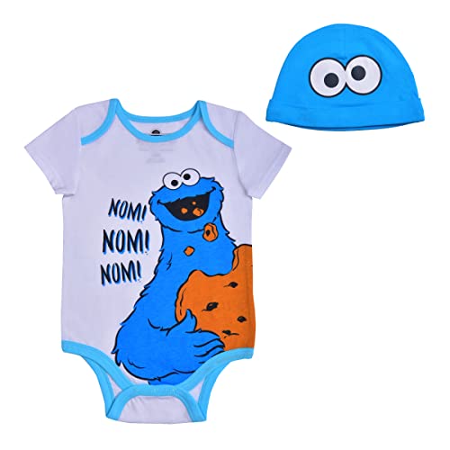 Sesame Street Elmo and Cookie Monster Boys Short Sleeve Bodysuit with Cap Set for Baby and Infant – Blue/White or Red/White