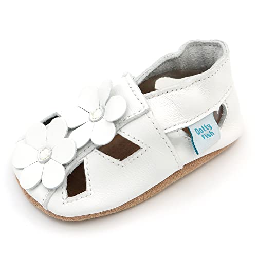 Dotty Fish Soft Leather Infant Toddler Sandals. White Flowers. 12-18 Months