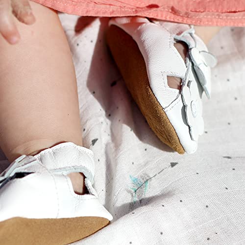 Dotty Fish Soft Leather Infant Toddler Sandals. White Flowers. 12-18 Months