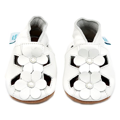 Dotty Fish Soft Leather Infant Toddler Sandals. White Flowers. 12-18 Months