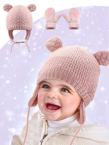 SATINIOR 2 Sets Baby Winter Beanie Hat Gloves Cute Bear Earflap Caps (White, Pink)