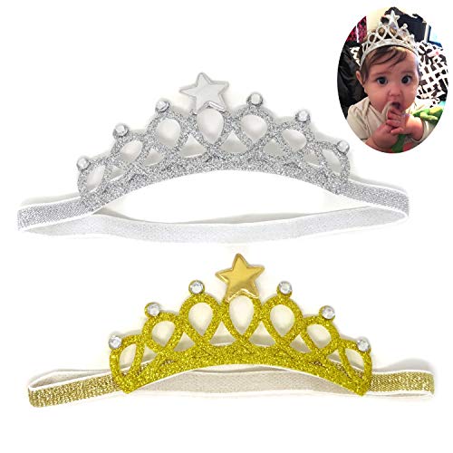 HONBAY 2PCS Baby Hair Accessories Baby Princess Crown Headband with Crystal and Star for 1 to 3 Years Old Baby, Gold and Silver