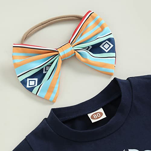 Western Baby Girl Clothes Cow Letter Print Short Sleeve Tshirt and Shorts Headband Set Boho Summer Clothes (Navy Blue,0-3 Months)