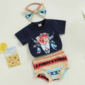 Western Baby Girl Clothes Cow Letter Print Short Sleeve Tshirt and Shorts Headband Set Boho Summer Clothes (Navy Blue,0-3 Months)