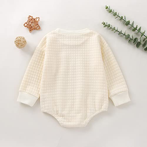 Baby Girl Boy Fall Clothes Quilted Sweatshirt Romper Solid Color Long Sleeve Onesie Shirt Cute Infant Winter Clothing (Cream,0-6 Months)