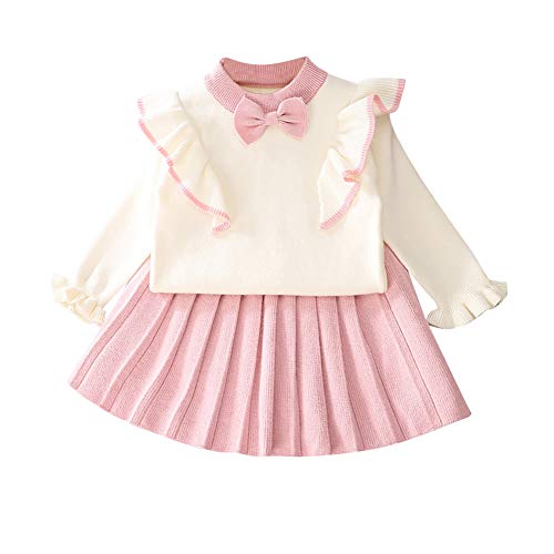 IDOPIP Toddler Kids Baby Girls Knit Sweater Dress Ruffle Long Sleeve Bowtie Sweater T-shirt Top + Tutu Skirt Princess Casual Birthday Party Dresses Fall Winter Outfit Clothes 2PCS Set Pink 4-5 Years