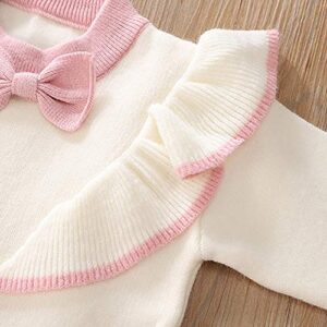 IDOPIP Toddler Kids Baby Girls Knit Sweater Dress Ruffle Long Sleeve Bowtie Sweater T-shirt Top + Tutu Skirt Princess Casual Birthday Party Dresses Fall Winter Outfit Clothes 2PCS Set Pink 4-5 Years