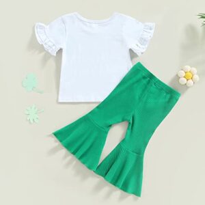 Gueuusu St Patricks Day Baby Girl Outfit Short Sleeve Clover Print Shirt Tops Leopard Flare Pants Infant Bell Bottom Clothes (A-White 2, 6-12 Months)