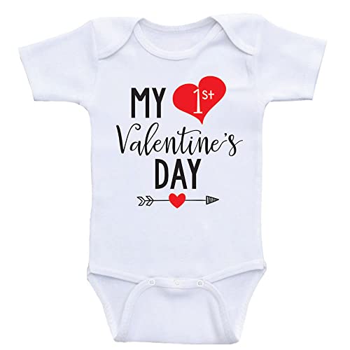 Heart Co Designs Valentines Day One Piece Baby Shirt My 1st Valentines Day Baby Clothes (3mo-Short Sleeve, Red Text)